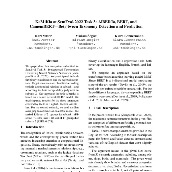 Kamikla At Semeval 2022 Task 3 Alberto Bert And Camembert—bertween Taxonomy Detection And