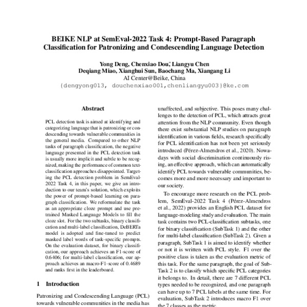 BEIKE NLP at SemEval-2022 Task 4: Prompt-Based Paragraph Classification for Patronizing and ...
