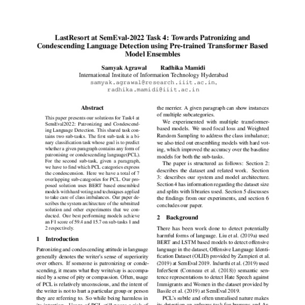 LastResort at SemEval-2022 Task 4: Towards Patronizing and Condescending Language Detection ...