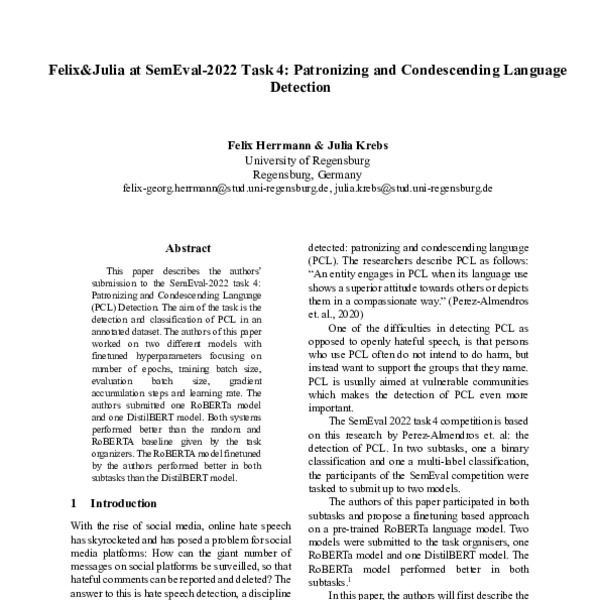 Felix&Julia at SemEval-2022 Task 4: Patronizing and Condescending Language Detection - ACL Anthology