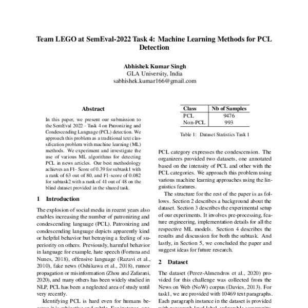 Team LEGO at SemEval-2022 Task 4: Machine Learning Methods for PCL Detection - ACL Anthology