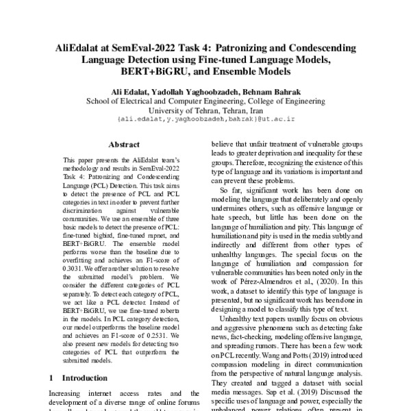 AliEdalat at SemEval-2022 Task 4: Patronizing and Condescending Language Detection using Fine ...