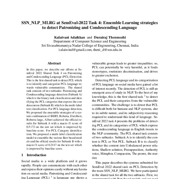 SSN_NLP_MLRG at SemEval-2022 Task 4: Ensemble Learning strategies to detect Patronizing and ...