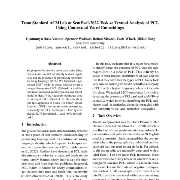 Team Stanford ACMLab at SemEval 2022 Task 4: Textual Analysis of PCL Using Contextual Word ...