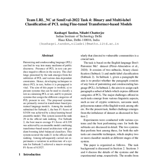 Team LRL_NC at SemEval-2022 Task 4: Binary and Multi-label Classification of PCL using Fine ...