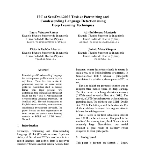 I2C at SemEval-2022 Task 4: Patronizing and Condescending Language Detection using Deep Learning ...
