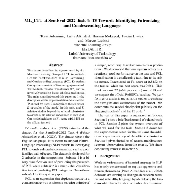 ML_LTU at SemEval-2022 Task 4: T5 Towards Identifying Patronizing and Condescending Language ...