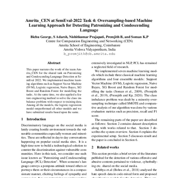 Amrita_CEN at SemEval-2022 Task 4: Oversampling-based Machine Learning Approach for Detecting ...