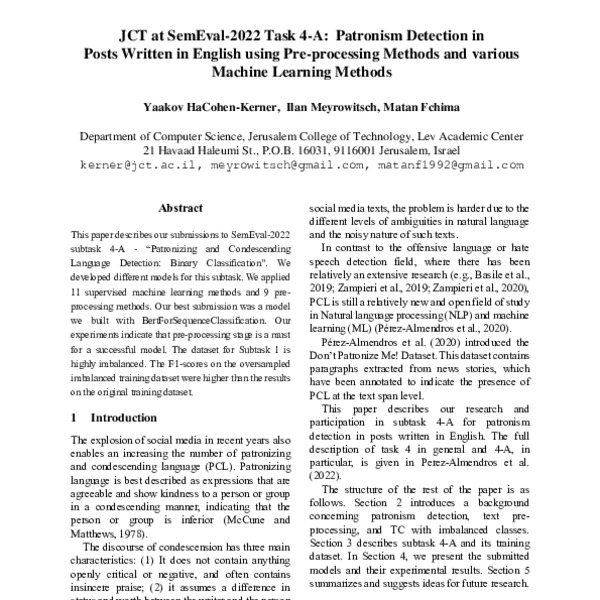 JCT at SemEval-2022 Task 4-A: Patronism Detection in Posts Written in English using ...