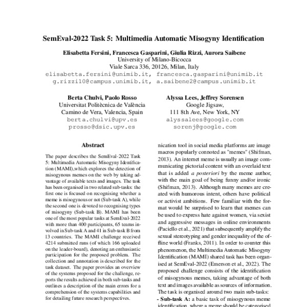 SemEval-2022 Task 5: Multimedia Automatic Misogyny Identification - ACL Anthology