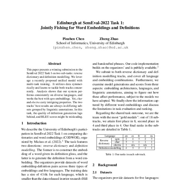 Edinburgh at SemEval-2022 Task 1: Jointly Fishing for Word Embeddings and Definitions - ACL ...