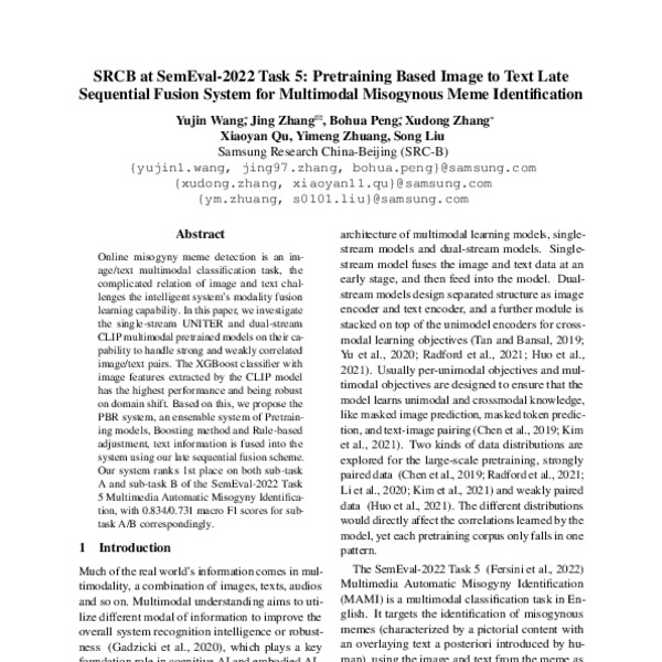SRCB at SemEval-2022 Task 5: Pretraining Based Image to Text Late Sequential Fusion System for ...