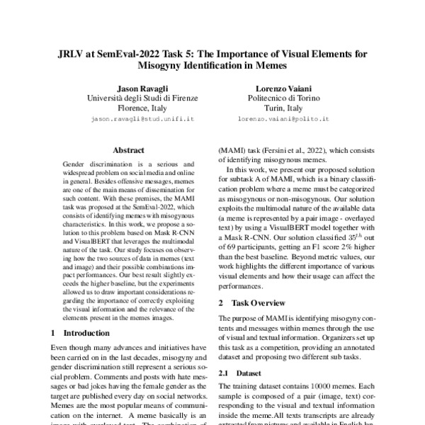 JRLV at SemEval-2022 Task 5: The Importance of Visual Elements for Misogyny Identification in ...