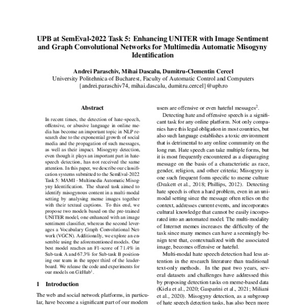 UPB at SemEval-2022 Task 5: Enhancing UNITER with Image Sentiment and Graph Convolutional ...