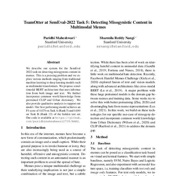 TeamOtter at SemEval-2022 Task 5: Detecting Misogynistic Content in Multimodal Memes - ACL Anthology