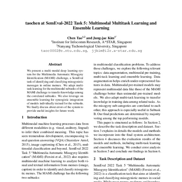taochen at SemEval-2022 Task 5: Multimodal Multitask Learning and Ensemble Learning - ACL Anthology