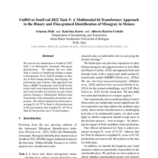 UniBO at SemEval-2022 Task 5: A Multimodal bi-Transformer Approach to the Binary and Fine ...