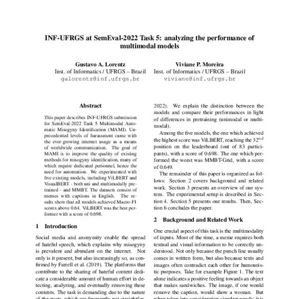 INF-UFRGS at SemEval-2022 Task 5: analyzing the performance of multimodal models - ACL Anthology