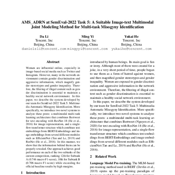 AMS_ADRN at SemEval-2022 Task 5: A Suitable Image-text Multimodal Joint Modeling Method for ...