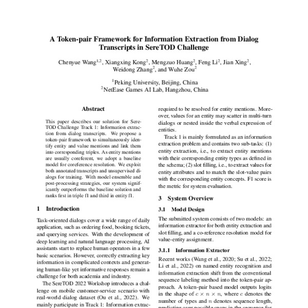 A Token Pair Framework For Information Extraction From Dialog Transcripts In Seretod Challenge