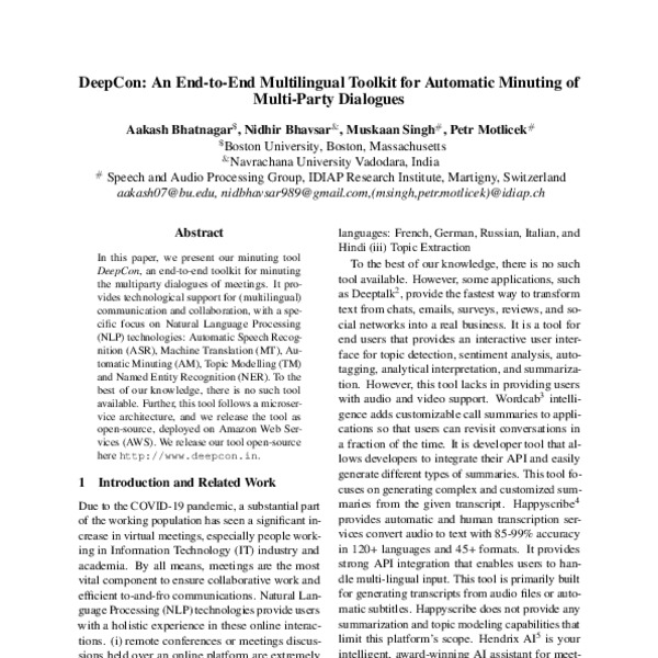 DeepCon: An End-to-End Multilingual Toolkit for Automatic Minuting of Multi-Party Dialogues ...