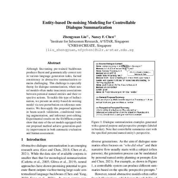 Entity-based De-noising Modeling for Controllable Dialogue Summarization - ACL Anthology