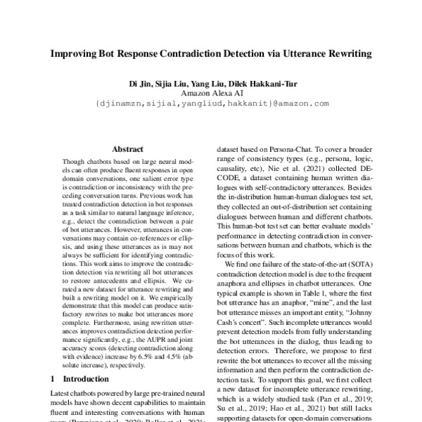 Improving Bot Response Contradiction Detection Via Utterance Rewriting Acl Anthology