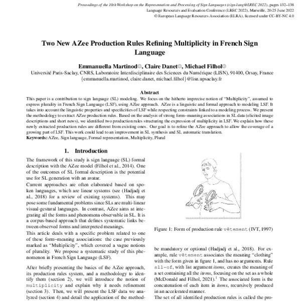 Two New AZee Production Rules Refining Multiplicity in French Sign ...