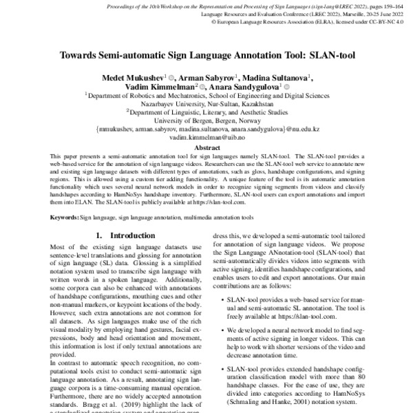Towards Semi-automatic Sign Language Annotation Tool: SLAN-tool - ACL Anthology