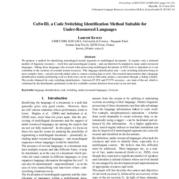 CoSwID, a Code Switching Identification Method Suitable for Under-Resourced Languages - ACL ...
