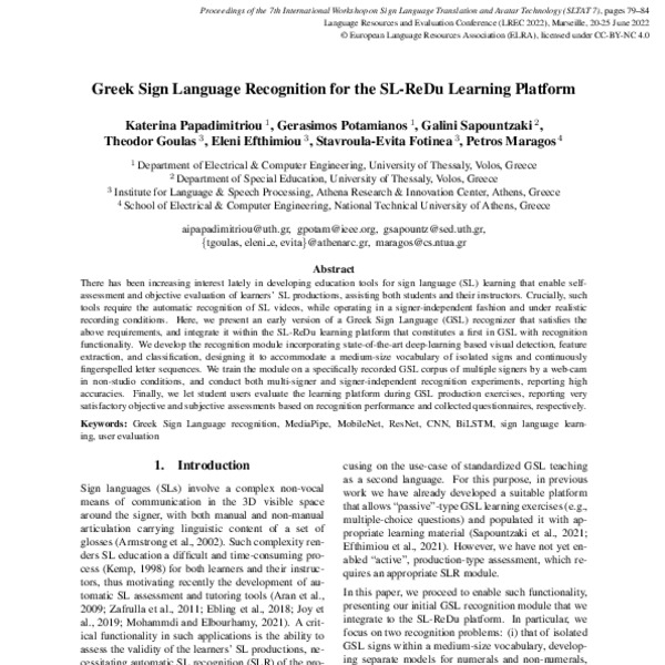 Greek Sign Language Recognition for the SL-ReDu Learning Platform - ACL ...