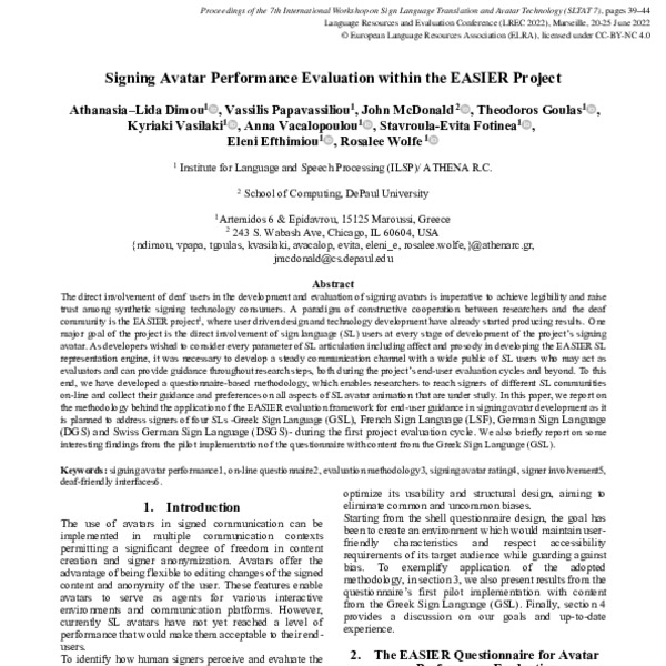Signing Avatar Performance Evaluation within EASIER Project - ACL Anthology