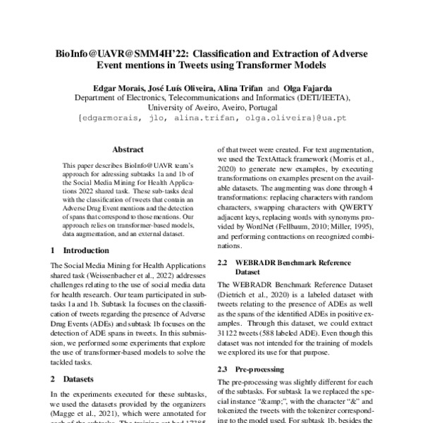 BioInfo@UAVR@SMM4H’22: Classification and Extraction of Adverse Event mentions in Tweets using ...
