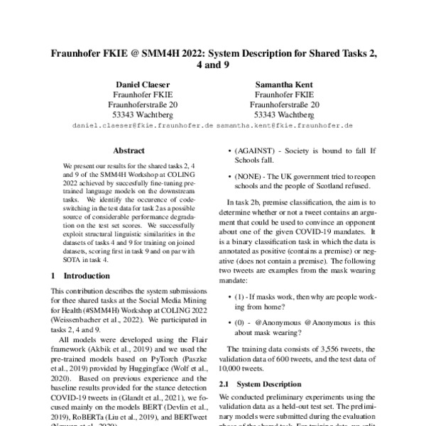 Fraunhofer FKIE @ SMM4H 2022: System Description for Shared Tasks 2, 4 ...