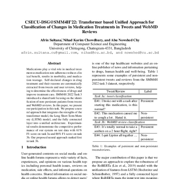 CSECU-DSG@SMM4H’22: Transformer based Unified Approach for Classification of Changes in ...