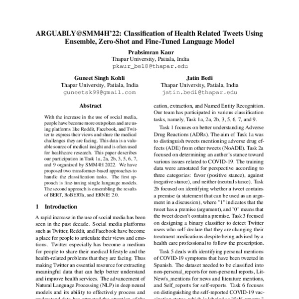 ARGUABLY@SMM4H’22: Classification of Health Related Tweets using ...