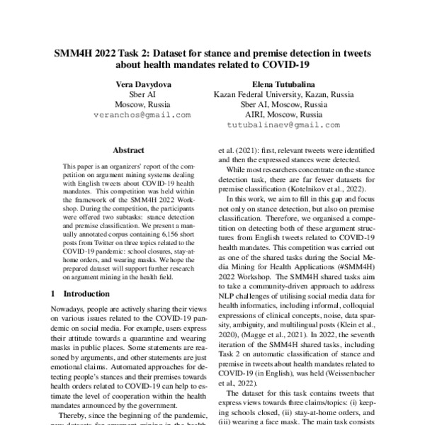 SMM4H 2022 Task 2: Dataset for stance and premise detection in tweets ...