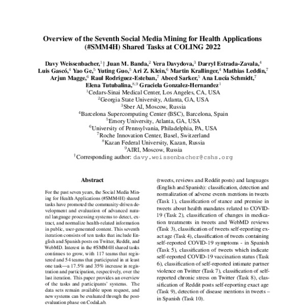 Overview of the Seventh Social Media Mining for Health Applications (#SMM4H) Shared Tasks at ...