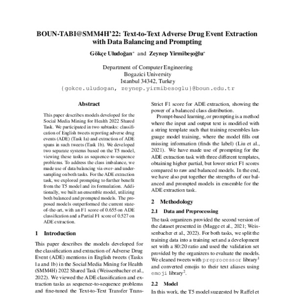 BOUN-TABI@SMM4H’22: Text-to-Text Adverse Drug Event Extraction with Data Balancing and Prompting ...