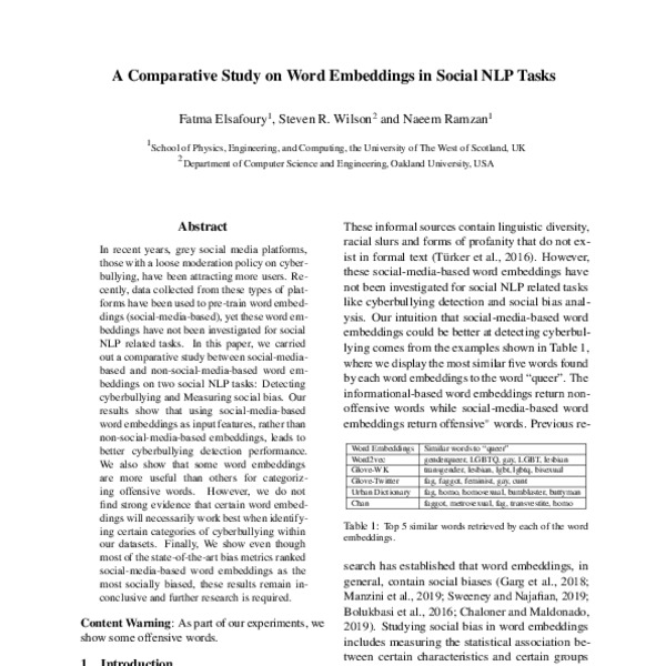A Comparative Study on Word Embeddings and Social NLP Tasks - ACL Anthology