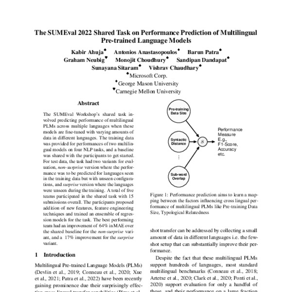 The SUMEval 2022 Shared Task on Performance Prediction of Multilingual Pre-trained Language ...
