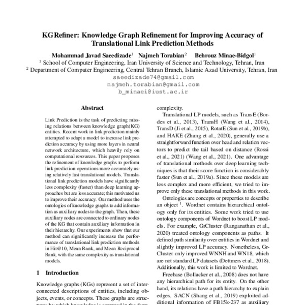 KGRefiner: Knowledge Graph Refinement for Improving Accuracy of Translational Link Prediction ...