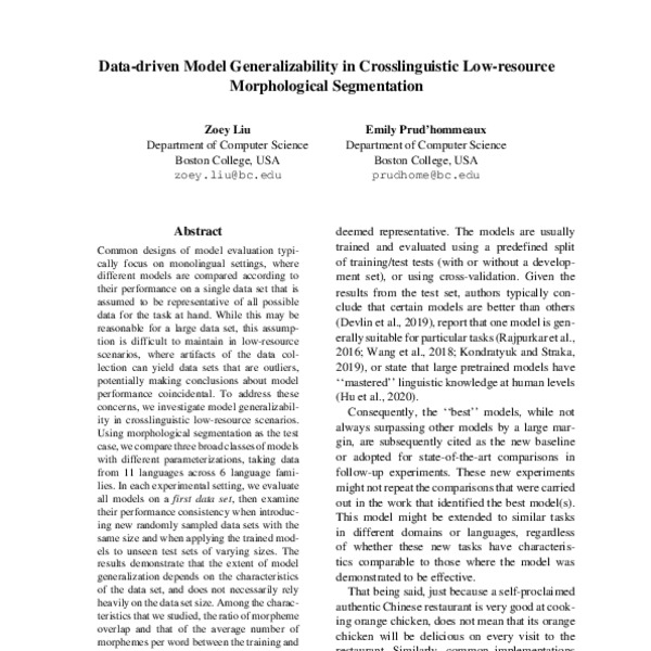 Data-driven Model Generalizability in Crosslinguistic Low-resource Morphological Segmentation ...