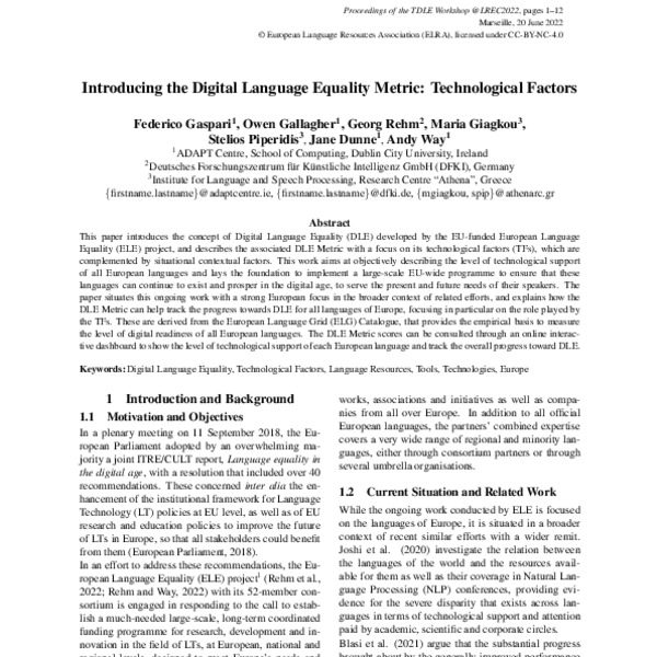 Introducing the Digital Language Equality Metric: Technological Factors ...