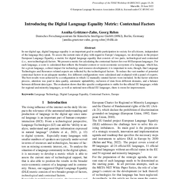 Introducing the Digital Language Equality Metric: Contextual Factors ...
