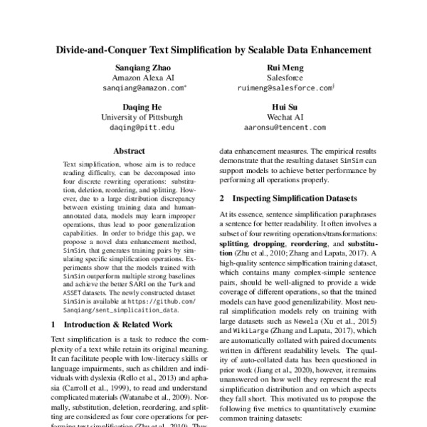 Divide-and-Conquer Text Simplification by Scalable Data Enhancement - ACL Anthology