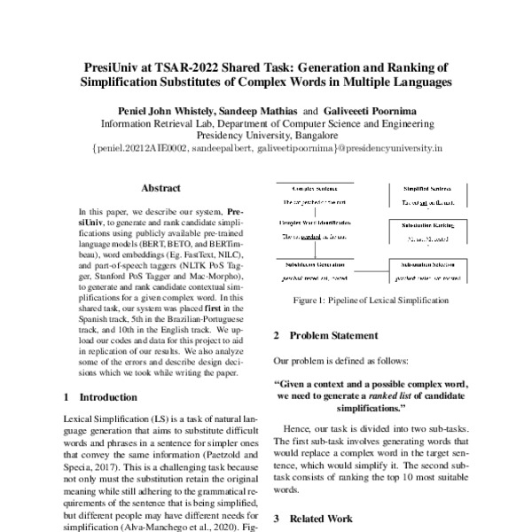 PresiUniv at TSAR-2022 Shared Task: Generation and Ranking of ...