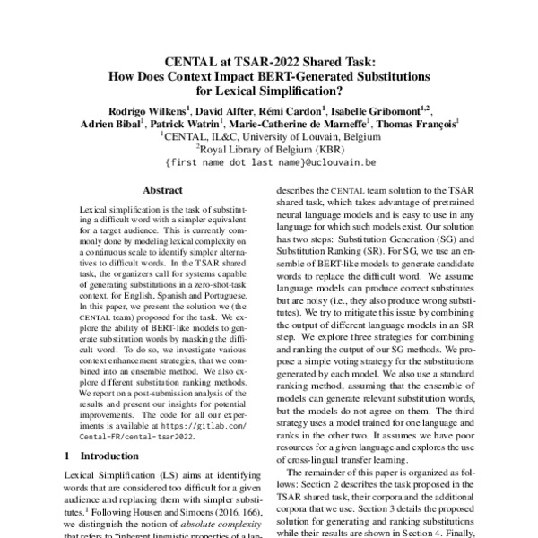 CENTAL at TSAR-2022 Shared Task: How Does Context Impact BERT-Generated Substitutions for ...