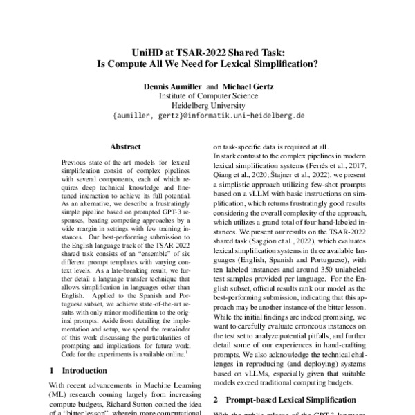 UniHD at TSAR-2022 Shared Task: Is Compute All We Need for Lexical ...