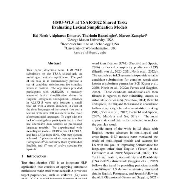 GMU-WLV at TSAR-2022 Shared Task: Evaluating Lexical Simplification ...